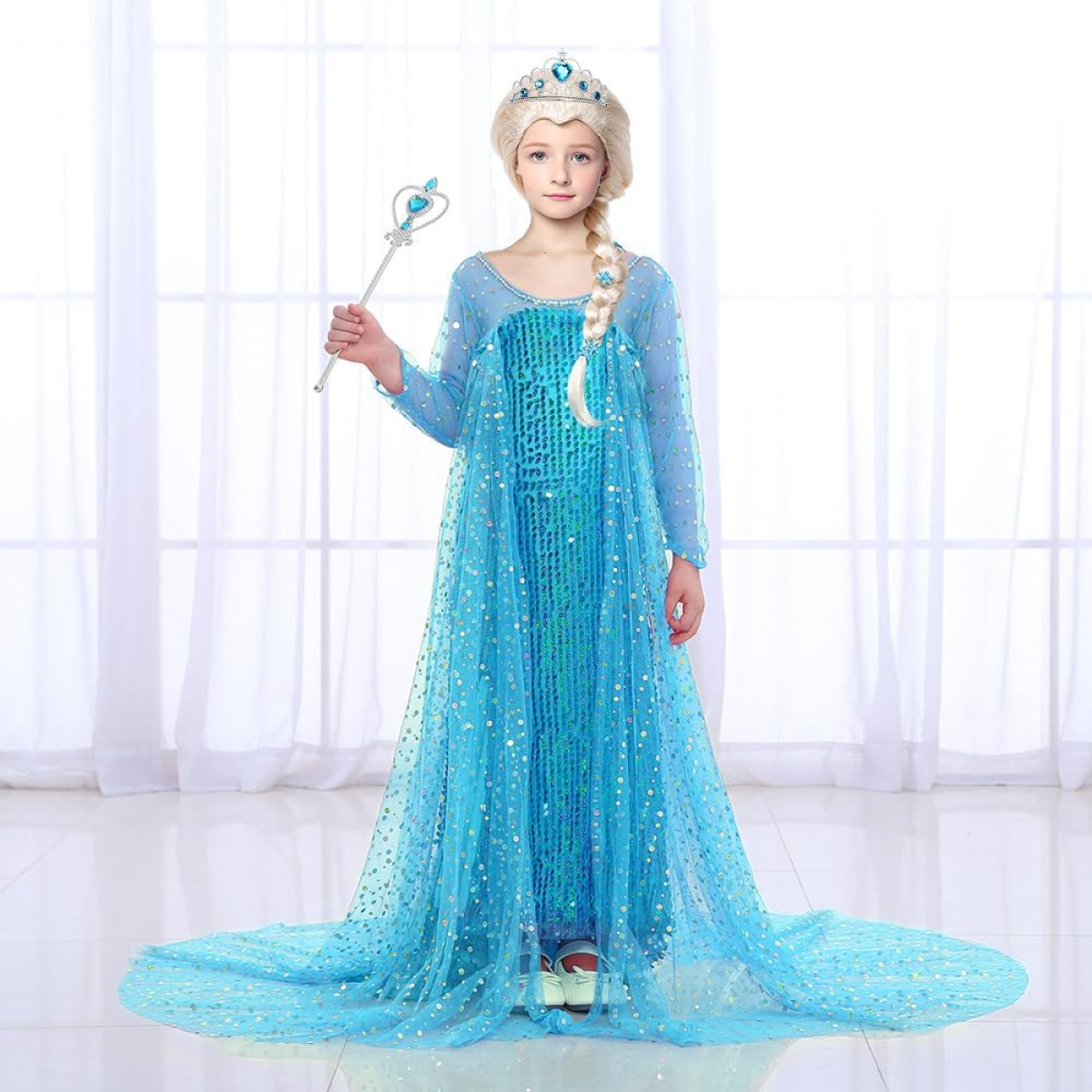 Costum fete Elsa Frozen, rochie si pelerina cu paiete, peruca, bagheta ...